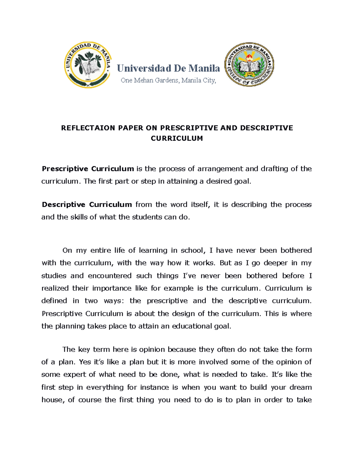 Reflection on Descriptive and Prescriptive Curriculum - REFLECTAION ...