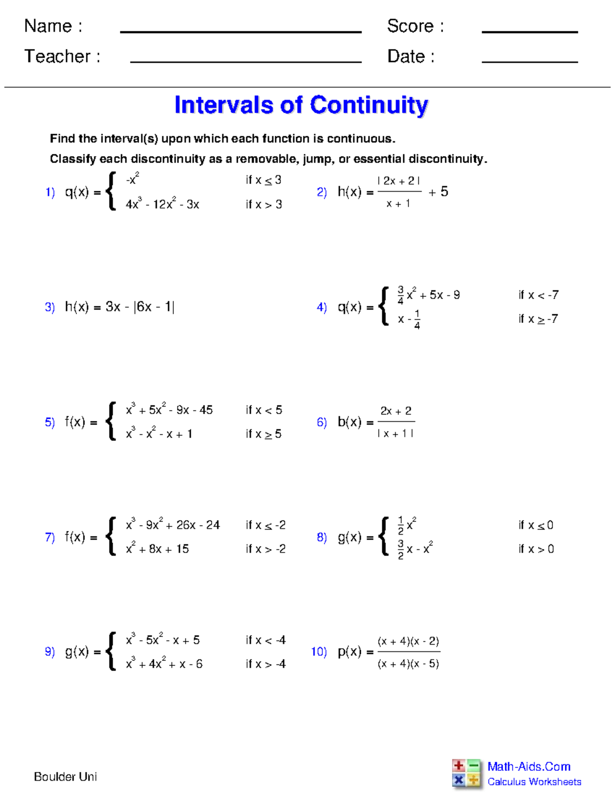 Calculus Worksheets: Intervals of Continuity Analysis (Calc 3) - Studocu