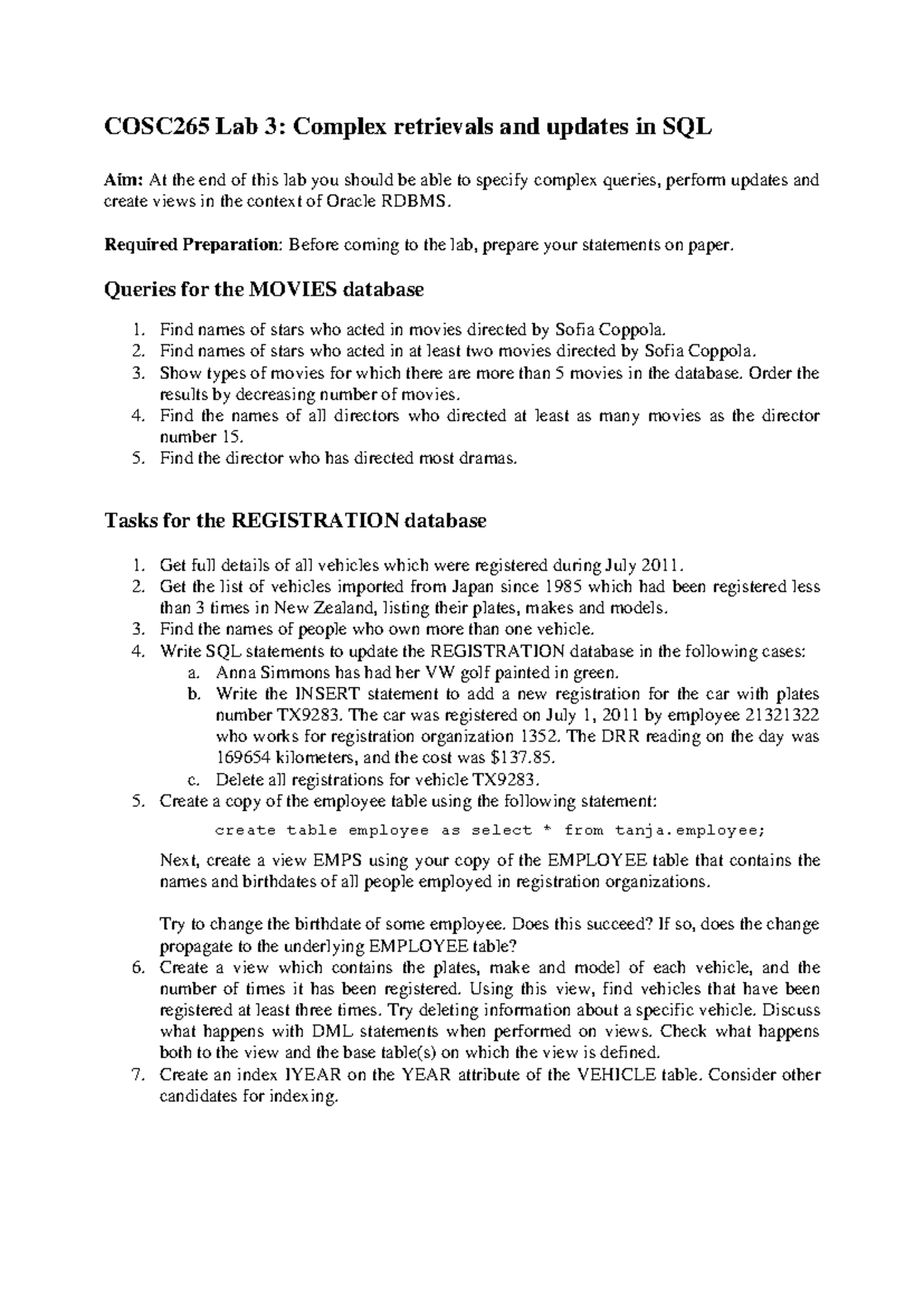 COSC265 Lab 3: SQL Complex Queries, Updates & Views - Studocu