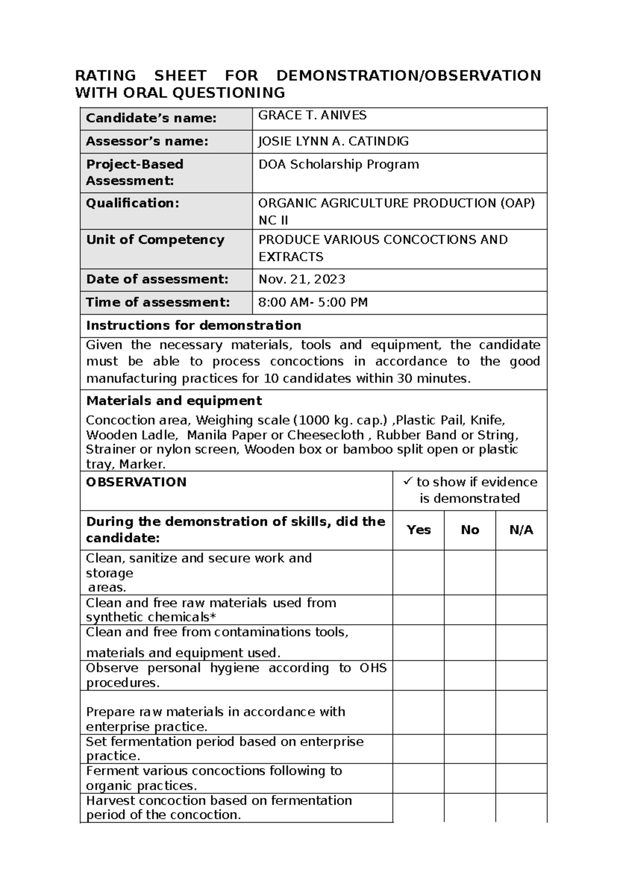 Rating Sheet for OAP NC II - Competency Assessment & Interview ...