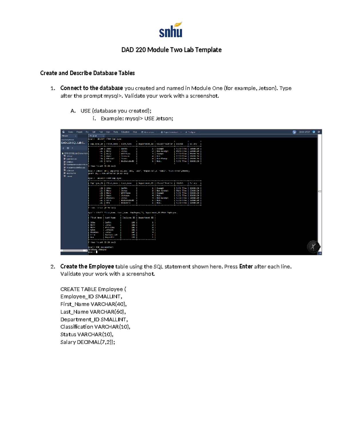 DAD 220 Module Two Lab: Creating and Describing Database Tables - Studocu
