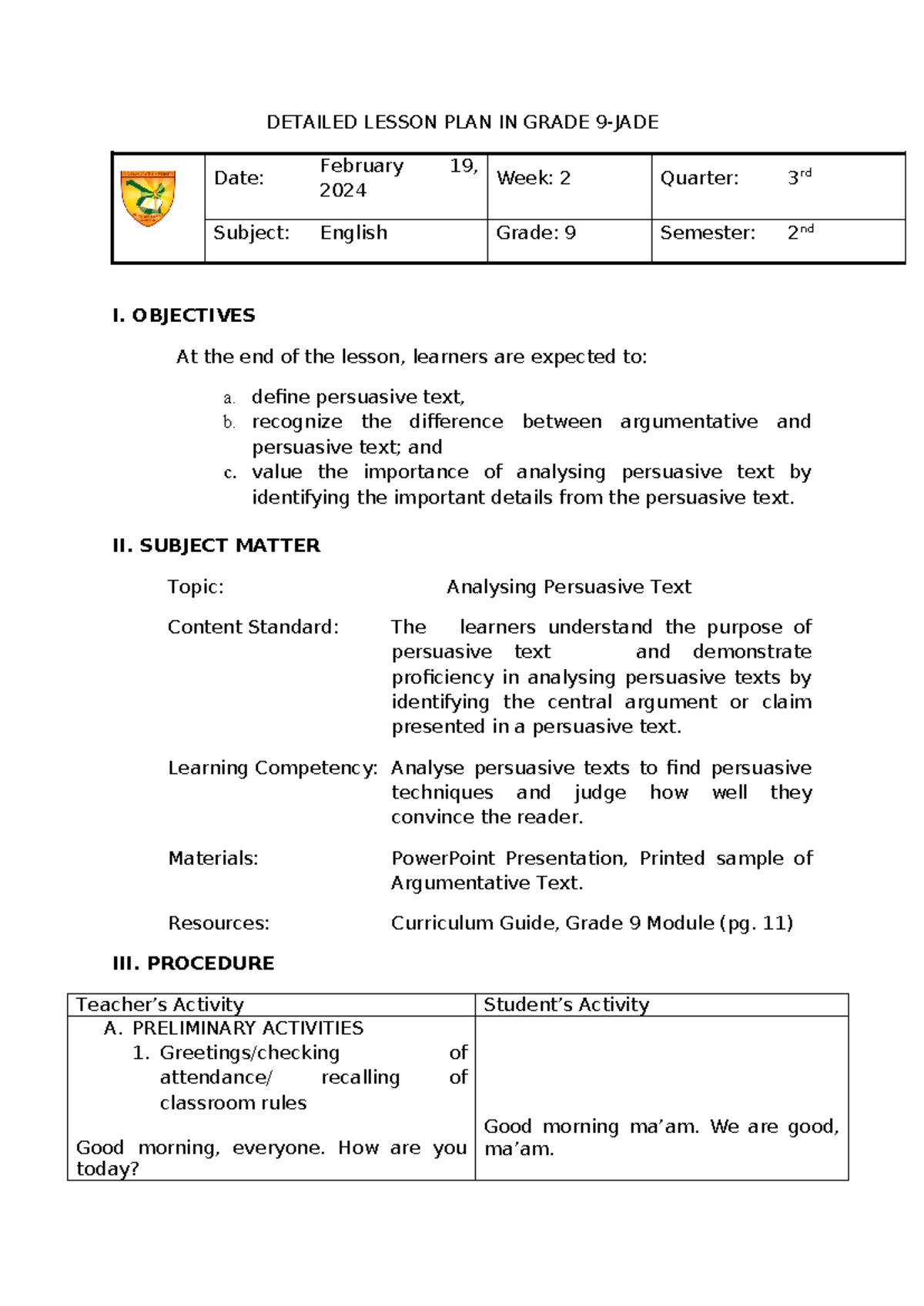 Lesson Plan for Analyzing Persuasive Text - Grade 9 JADE - Studocu