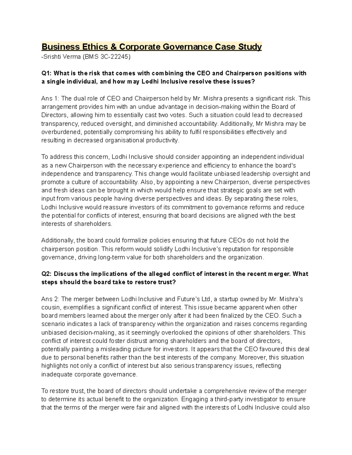 Case Study: Business Ethics & Corporate Governance - BECG - Studocu