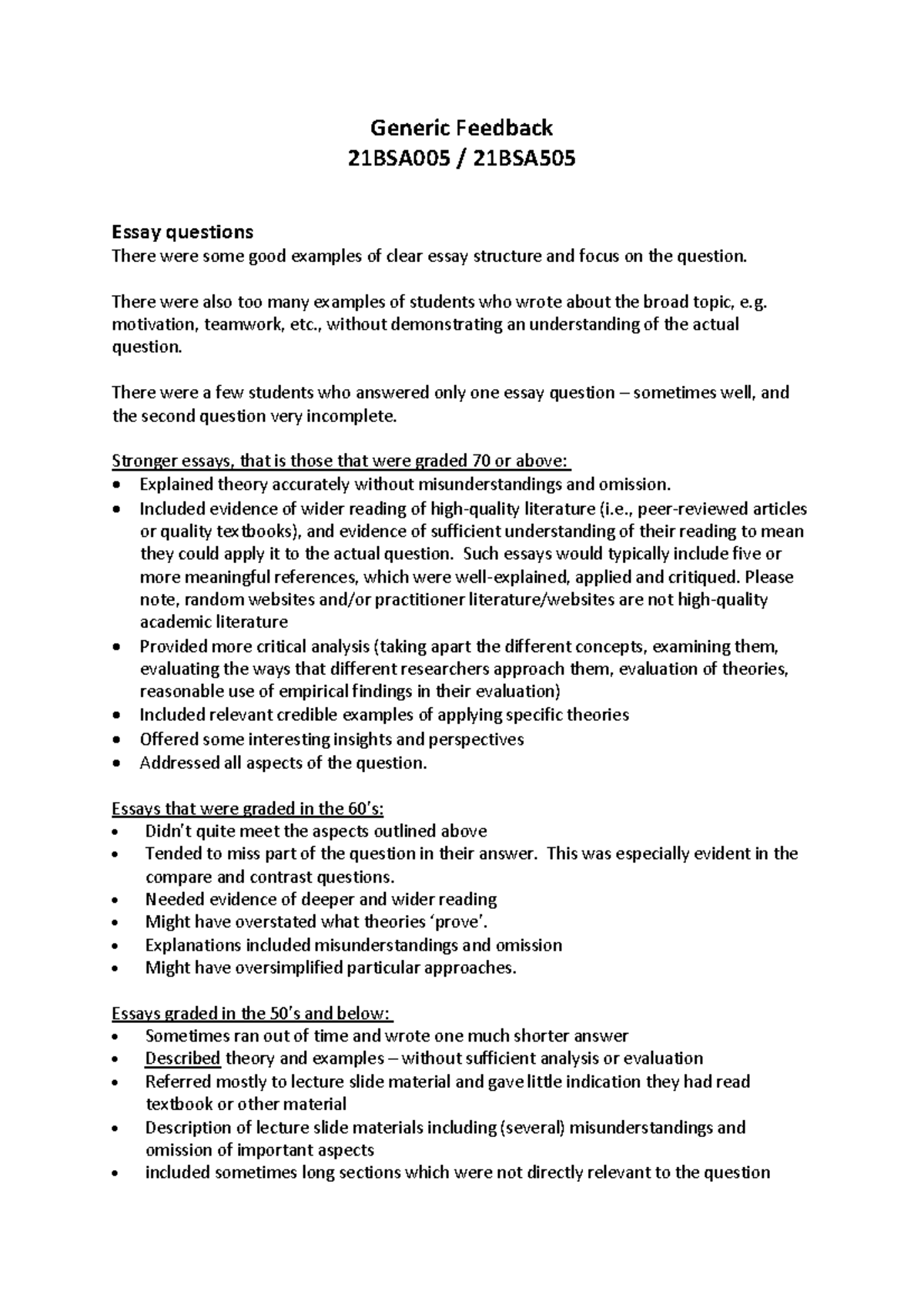 Generic Feedback for Exam 21BSA005 - Assessment Quality Analysis - Studocu