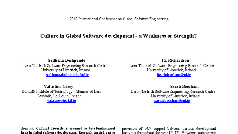 Culture in Global Software Development: A Strength or Weakness? - Studocu