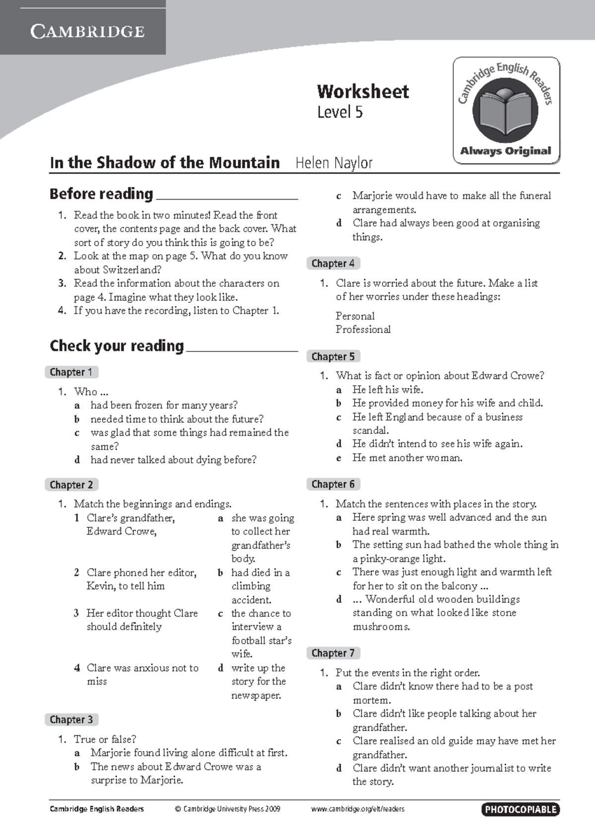 In the Shadow of the Mountain (Level 5) - Ejercicios de Lectura - Studocu
