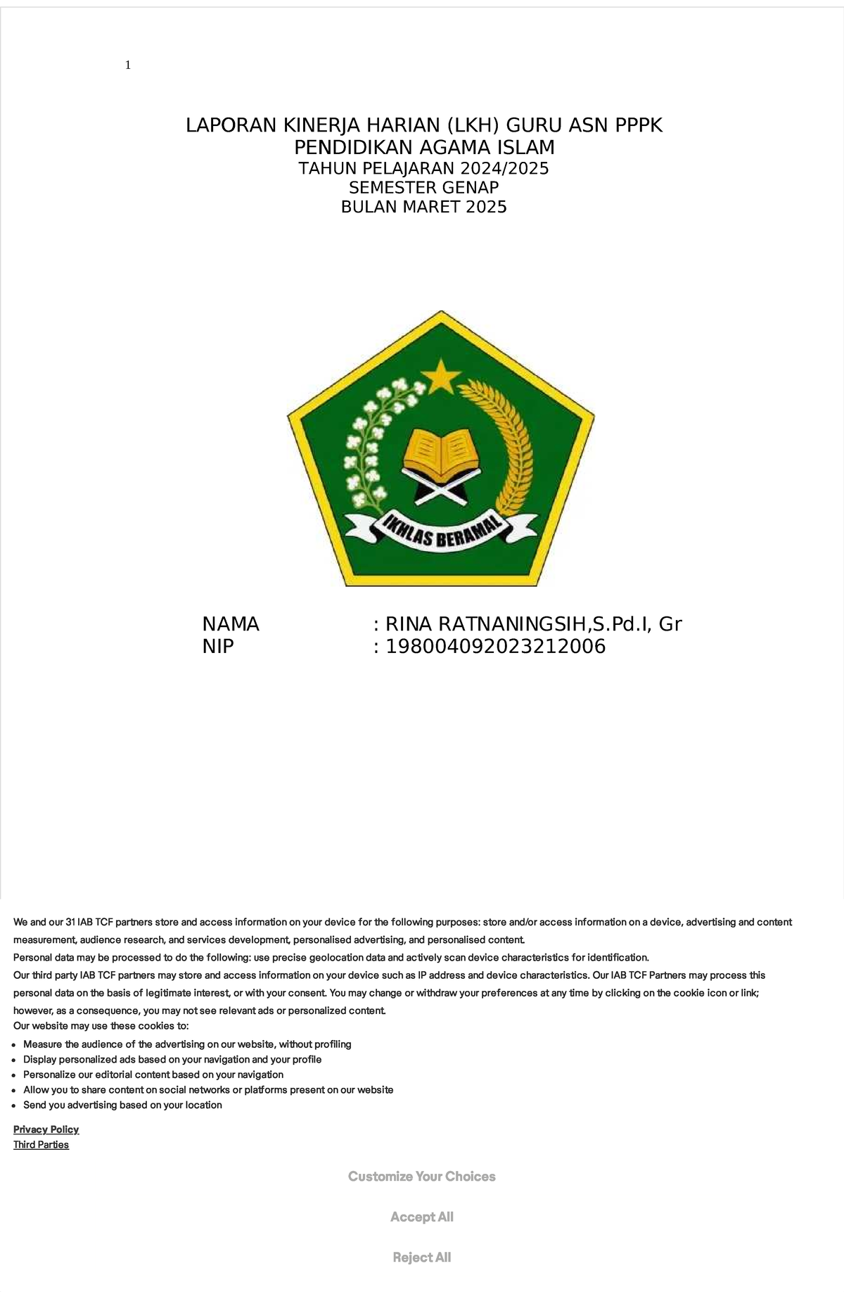 Laporan Kinerja Harian (LKH) Guru PAI SDN Tarunajaya Maret 2025 - Studocu