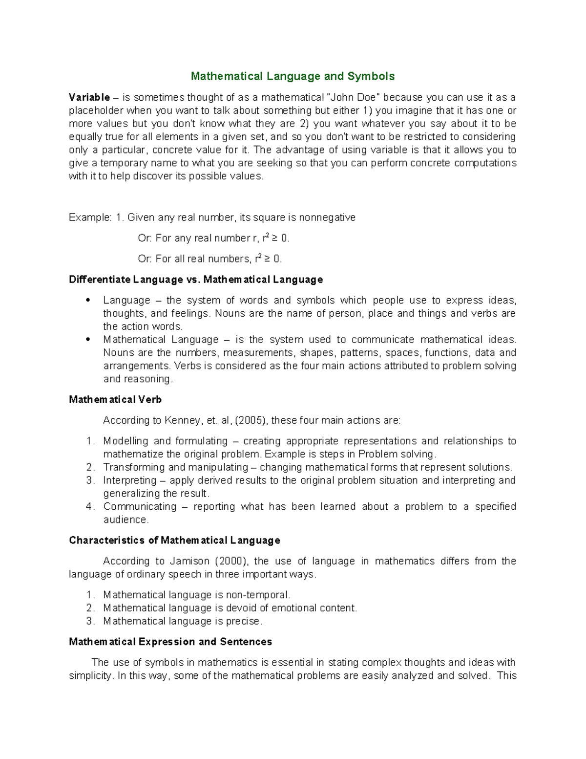 Mathematical Language and Symbols Lecture Notes (MATH 101) - Studocu