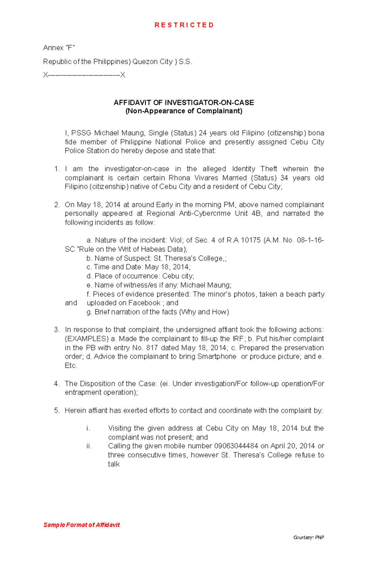 Affidavit of Investigator on Case: Identity Theft Incident Report - Studocu