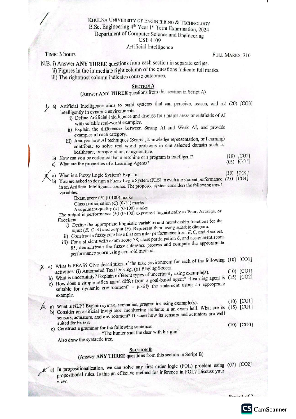 CSE 4109 - B.Sc. Engineering Year 19 Term Exam Questions on Artificial ...