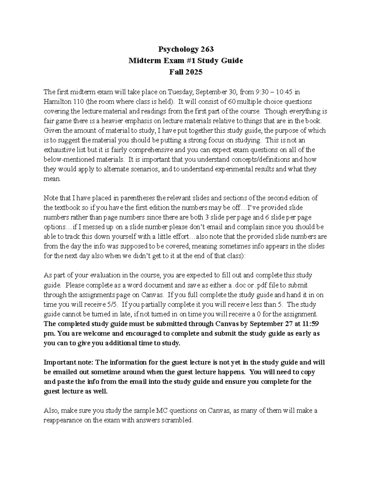 Psychology 263 Midterm Exam #1 Study Guide - Fall 2025 - Studocu