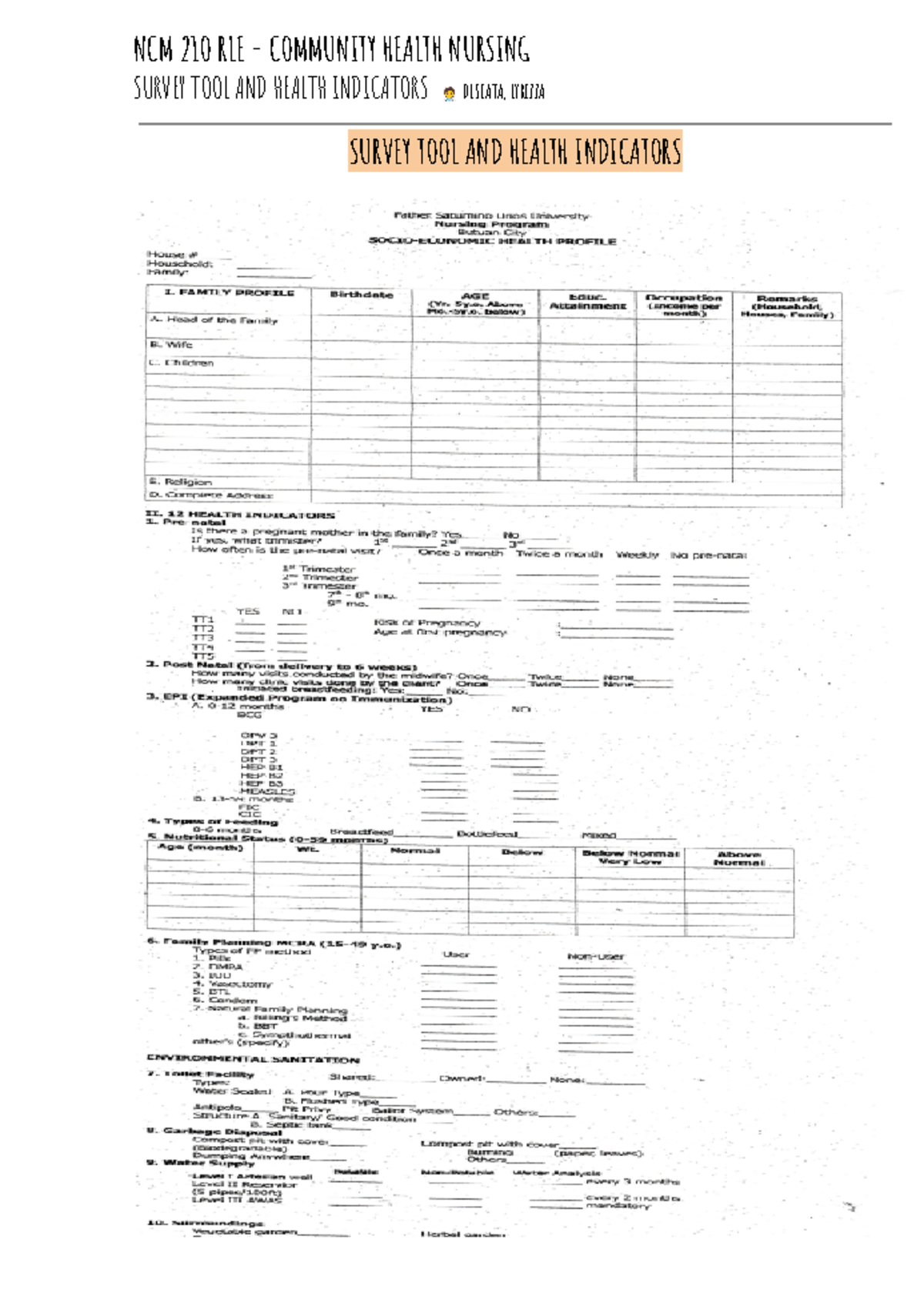 Survey Tool CHN - NCM 21O RLE - COMMUNITY HEALTH NURSING SURVEY TOOL ...