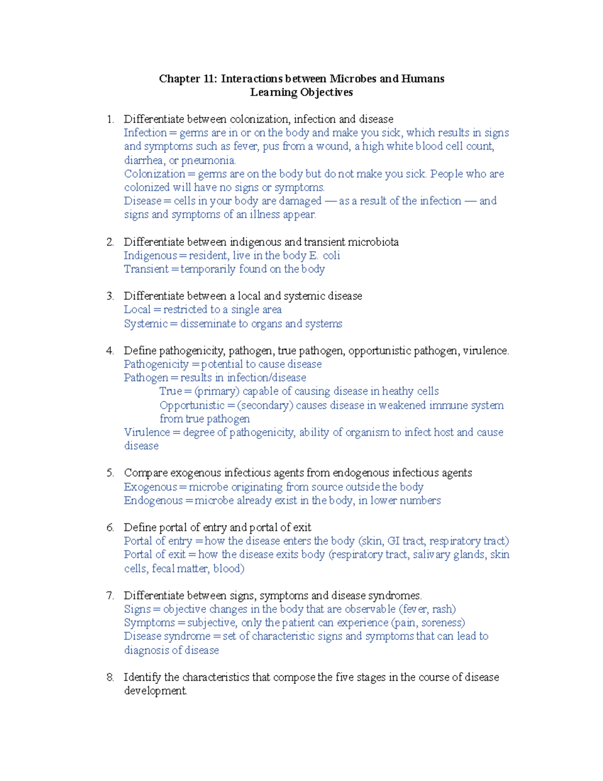 Chapter 11 LOs - Chapter 11: Interactions between Microbes and Humans Learning Objectives - Studocu