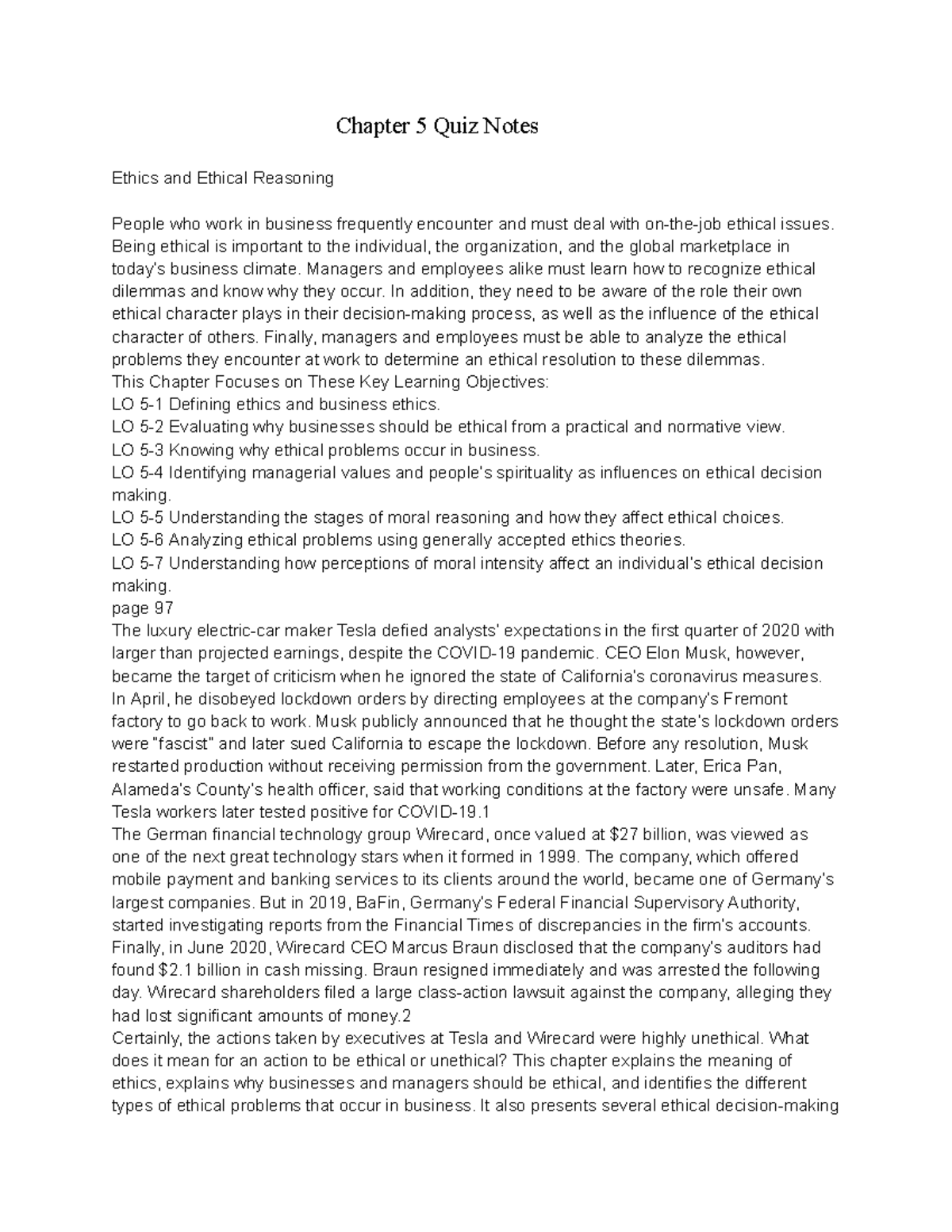 MGMT 320: Chapter 5 Quiz Notes on Ethics and Ethical Reasoning ...