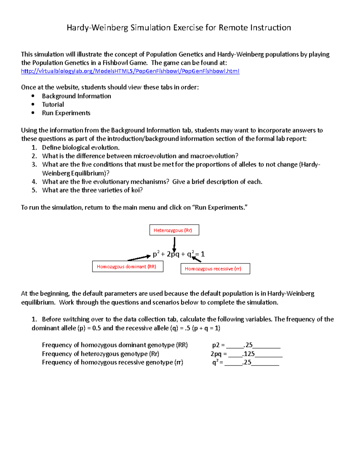 Hardy Weinberg Lab - Hardy-Weinberg Simulaion Exercise for Remote ...