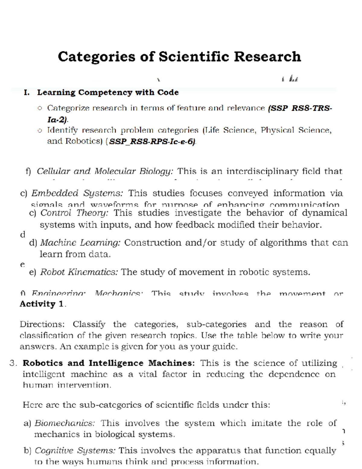 Categories of Scientific Research Notes: Life Sci, Phys Sci, Robotics ...