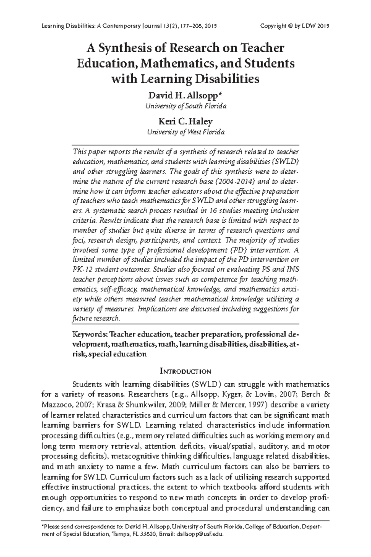 Teacher Education and Mathematics for Students with Learning ...