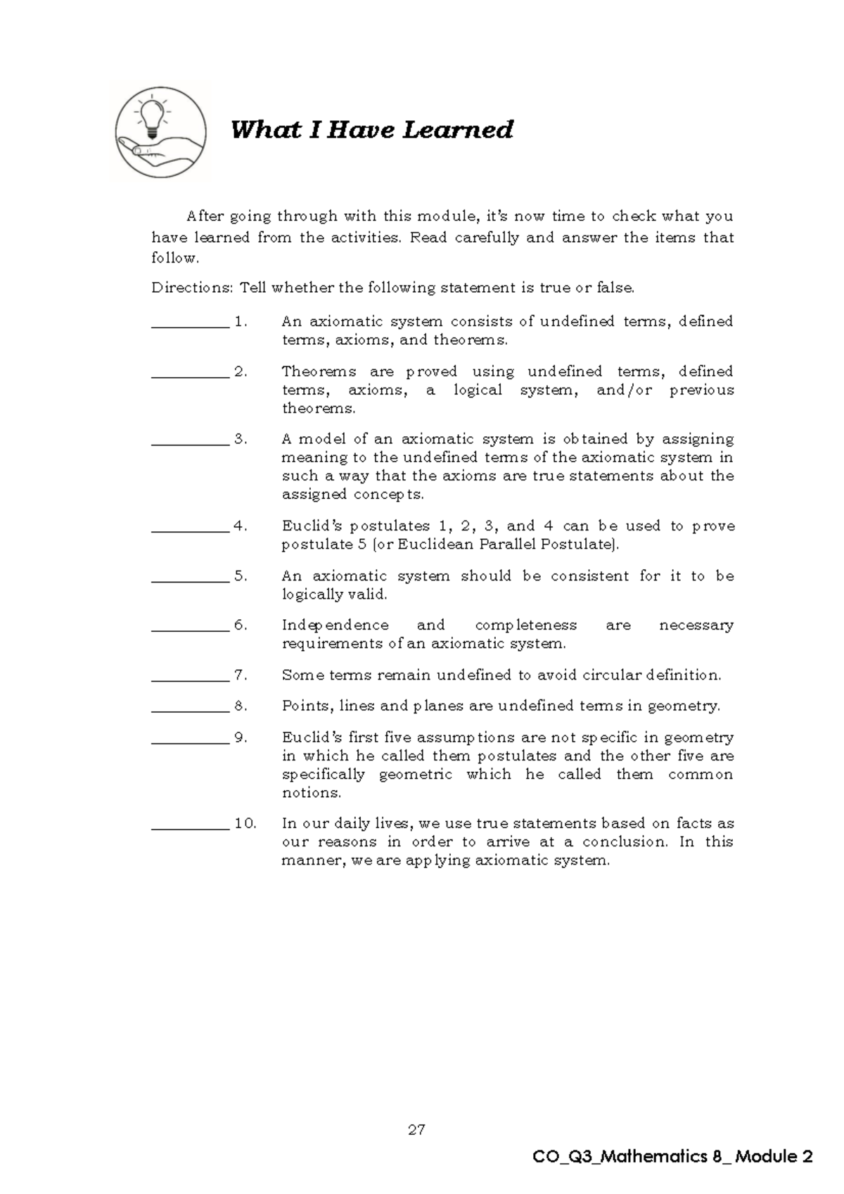 Math8 Q3 Module 2 Lecture 27 Co Q3 Mathematics 8 Module 2 What I