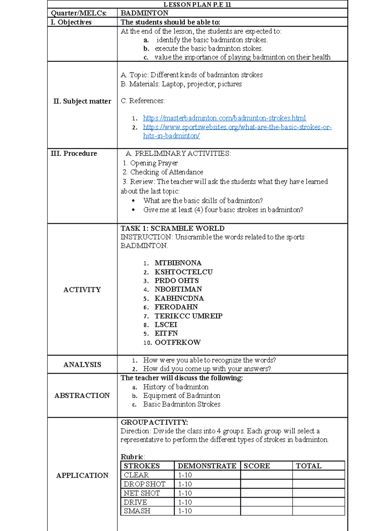 Lesson PLAN - Badminton - MISS Frias - LESSON PLAN P 11 Quarter/MELCs ...