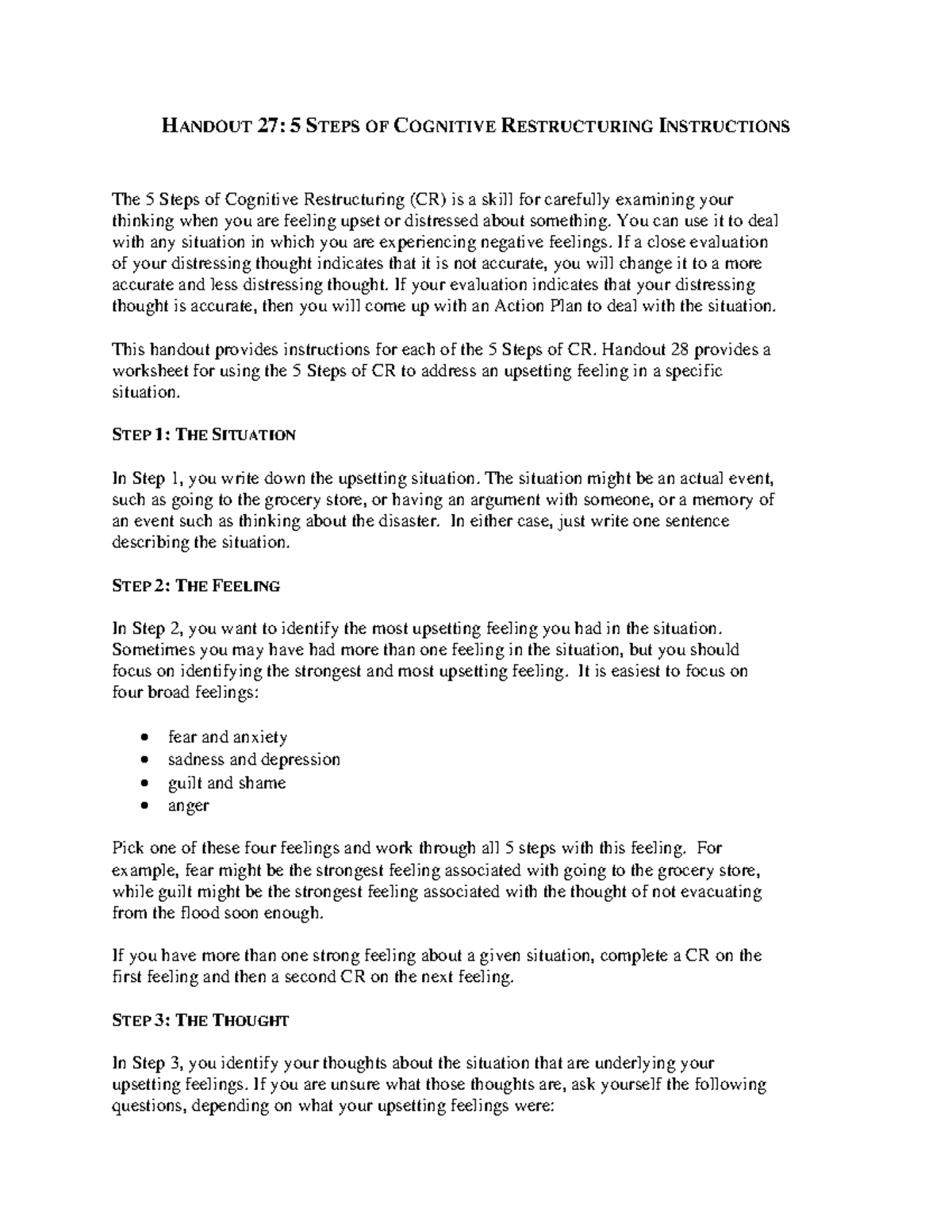 Handout 27: 5 Steps of Cognitive Restructuring Instructions - Studocu