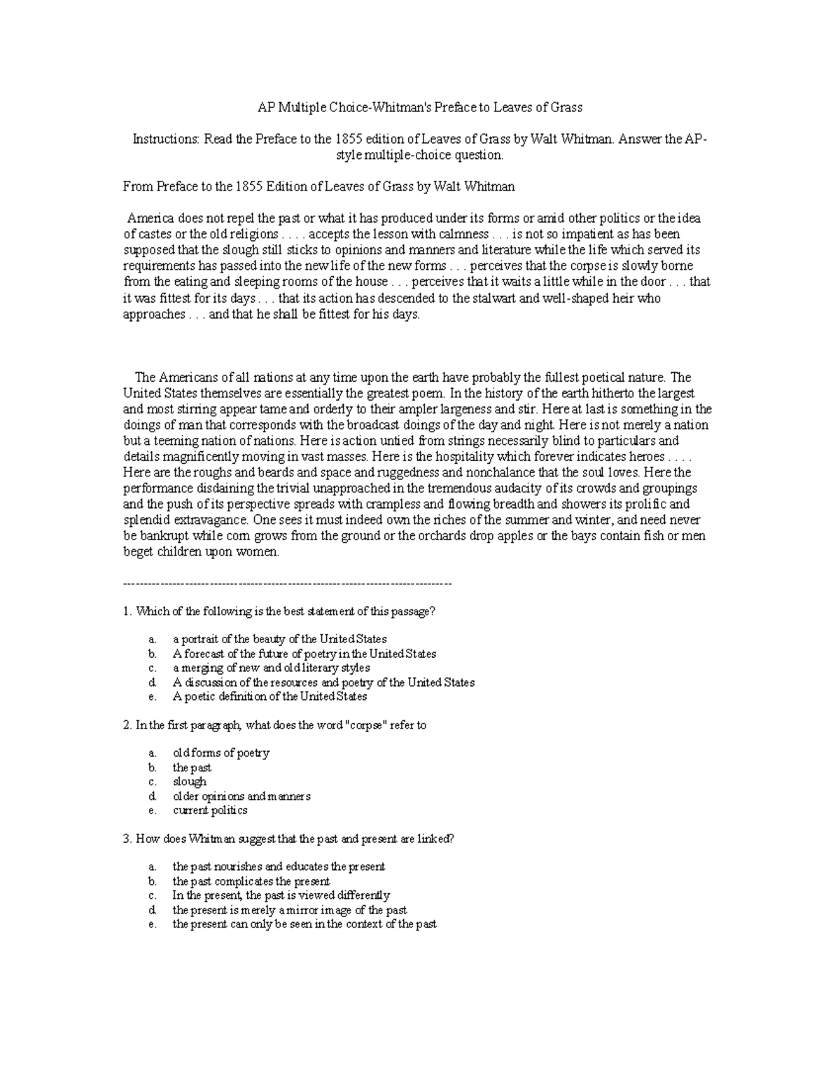 Ap multiple choice leaves of grass - AP Multiple Choice-Whitman's ...