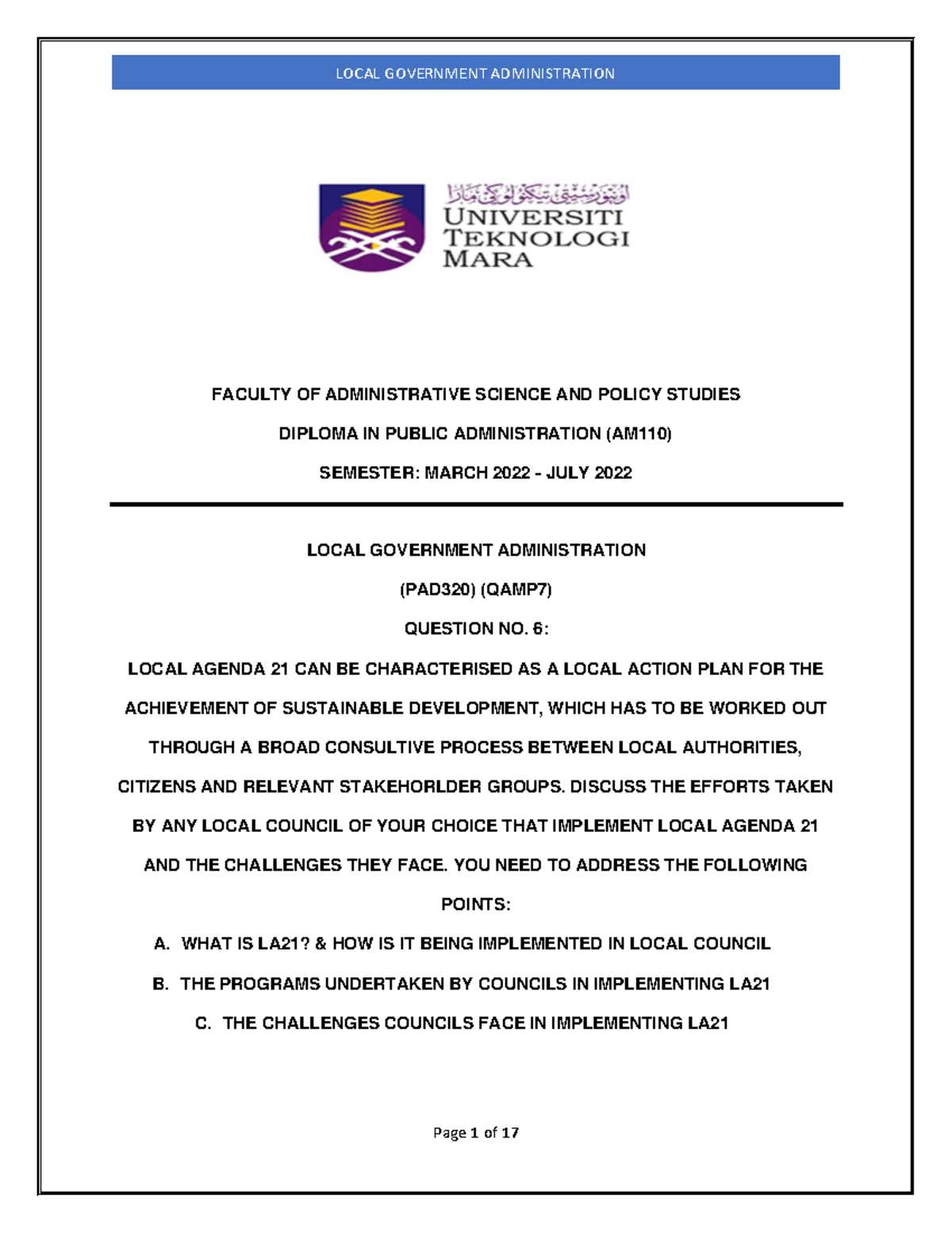 Local Government Administration (PAD320) - Implementing LA21 in Miri ...
