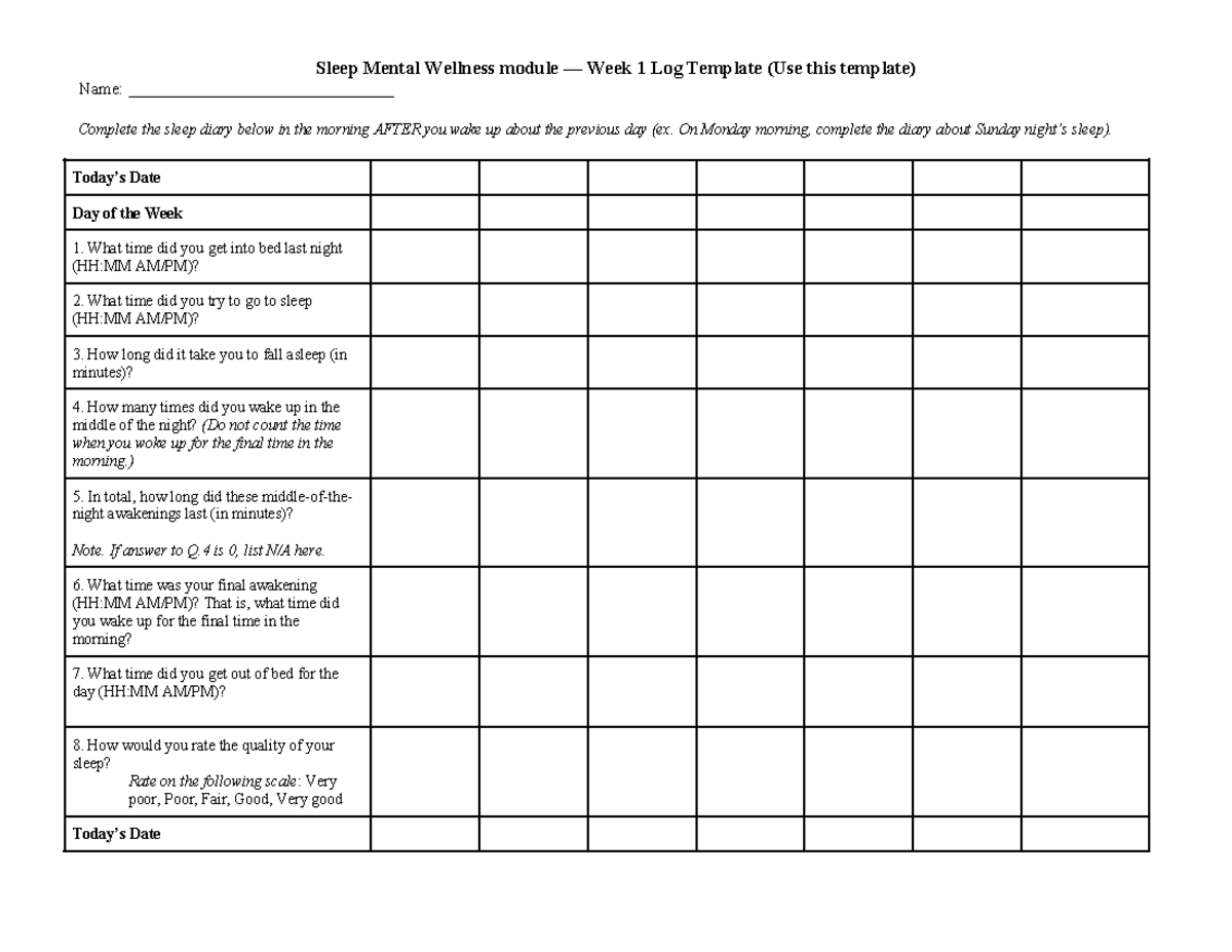 Week 1 log and reflection Qs - Sleep Mental Wellness module — Week 1 ...