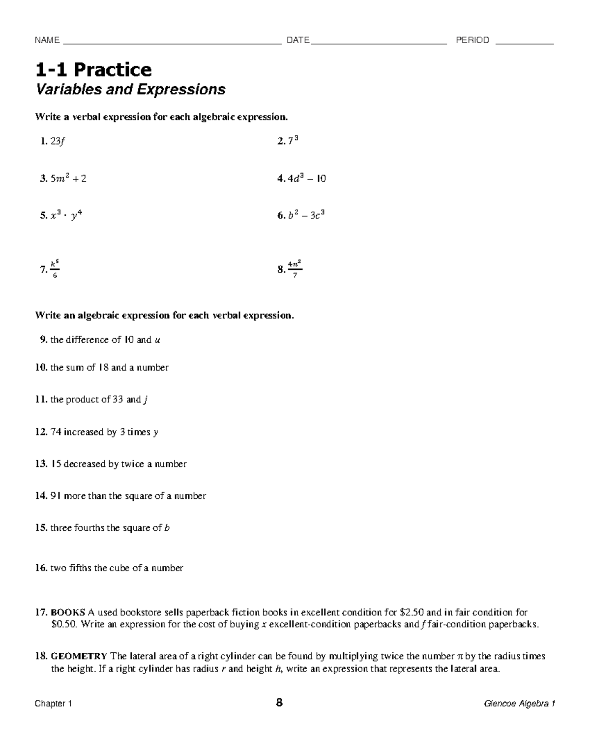 Algebra 1 1-1 Practice: Verbal & Algebraic Expressions - Studocu