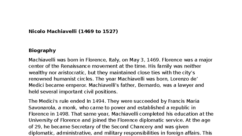Machiavelli (1469-1527): A Comprehensive Biography and Analysis - Studocu