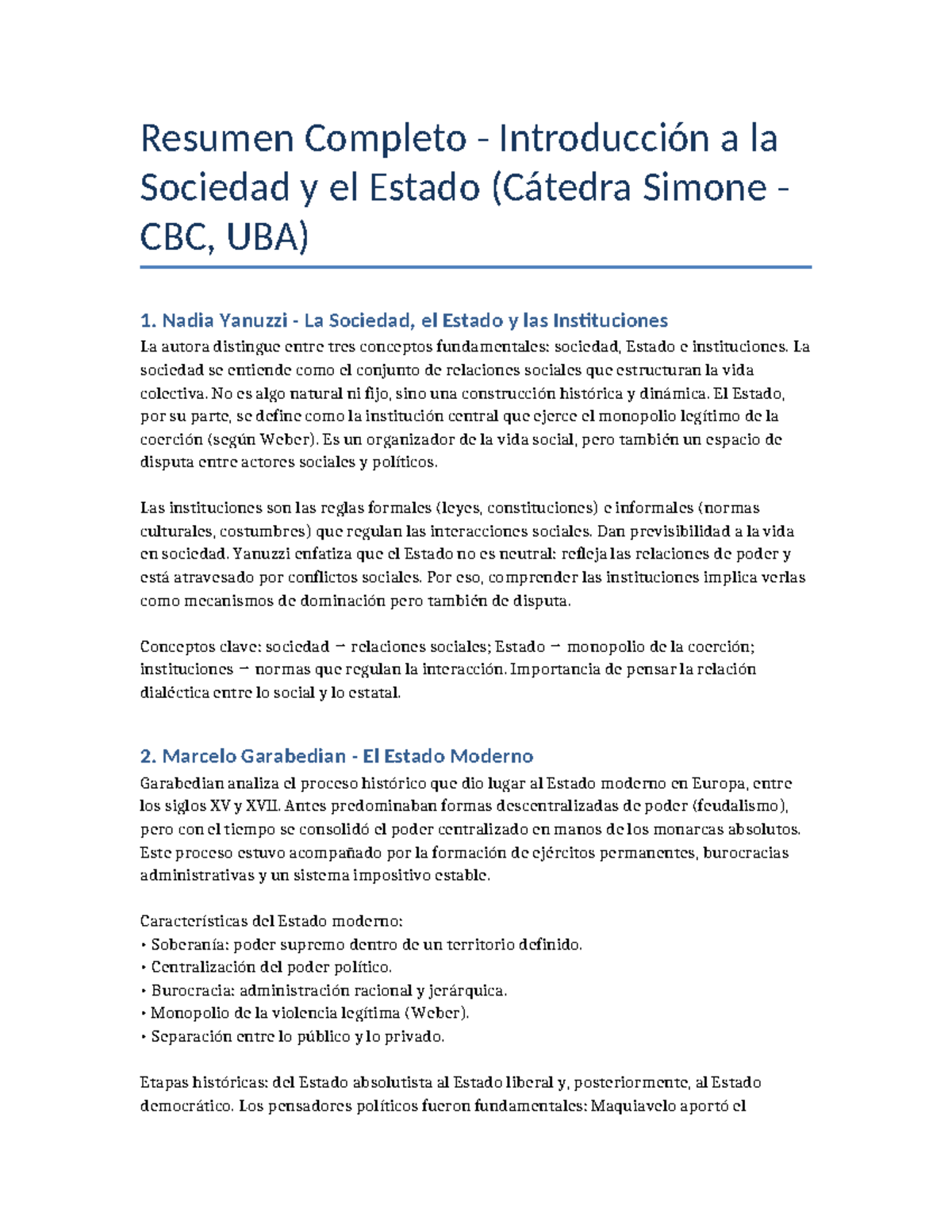 Resumen Completo: Introducción a la Sociedad y el Estado (CBC, UBA ...