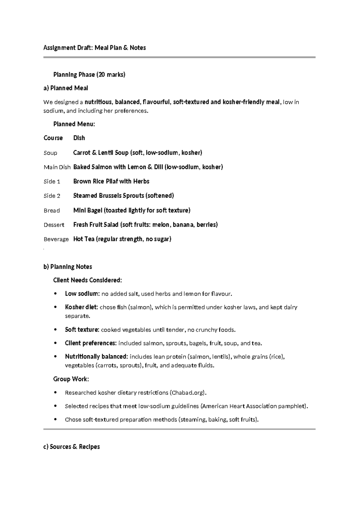 PSW Assignment: Meal Plan Draft & Presentation Notes (20 Marks) - Studocu