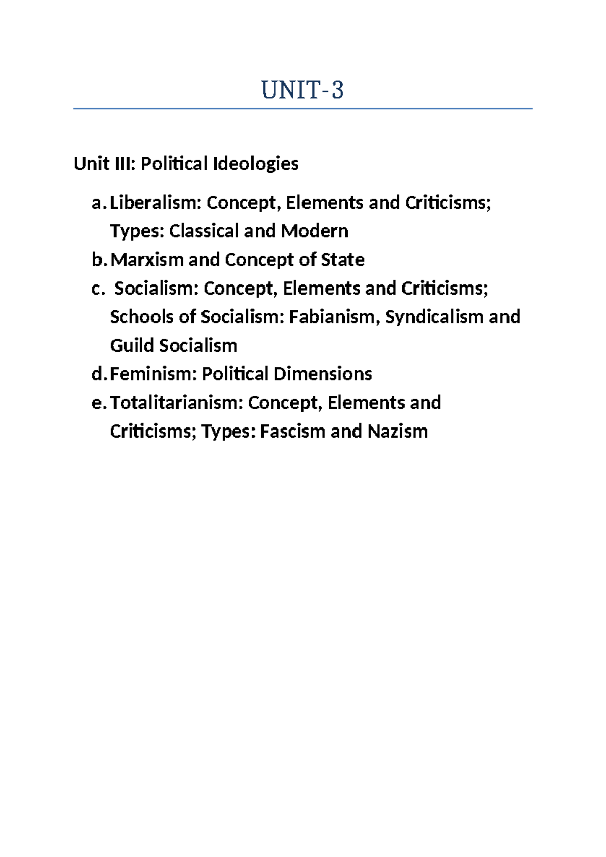 Unit 3 Political Ideologies: Liberalism, Socialism, and Critiques - Sem ...