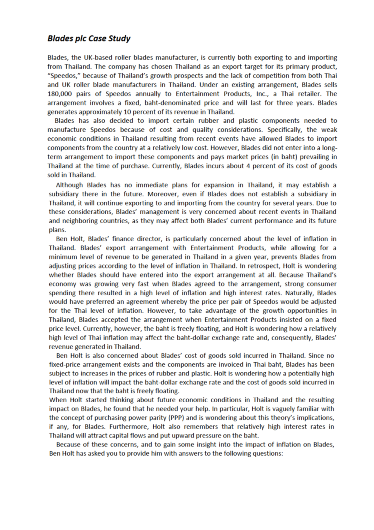 Blades plc Case Study: Economic Impact of Inflation in Thailand (PPP ...
