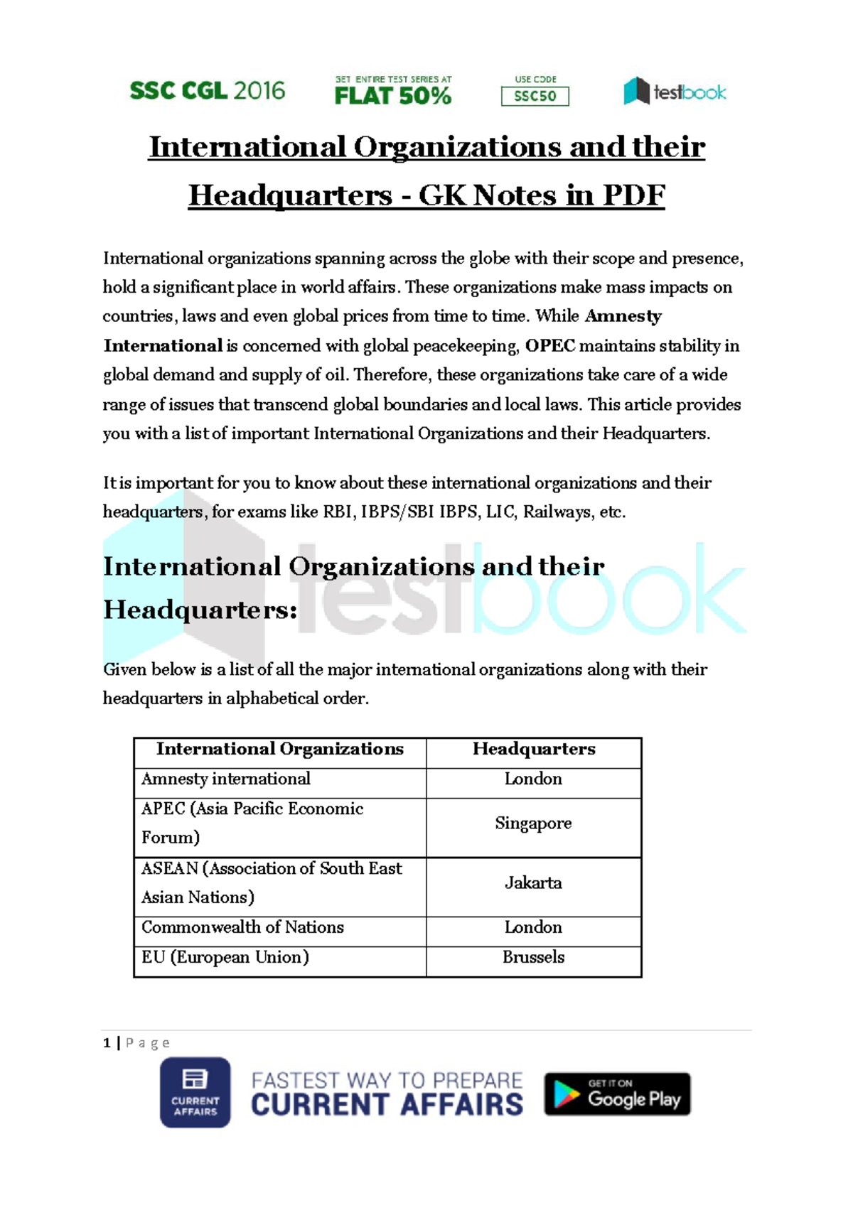 International Organizations & Their HQs - GK Notes PDF for Exams - Studocu