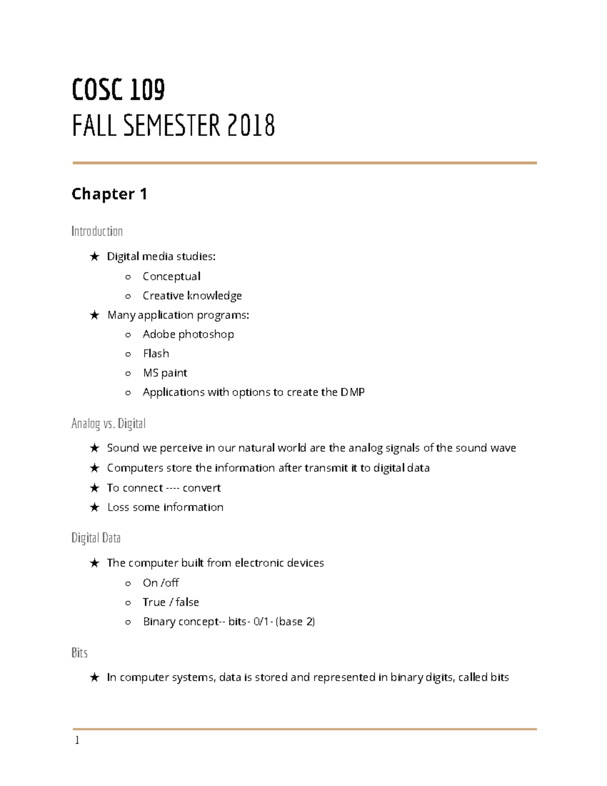 COSC 109 Chapter 1 - COSC 109 FALL SEMESTER 2018 Chapter 1 Introduction ...
