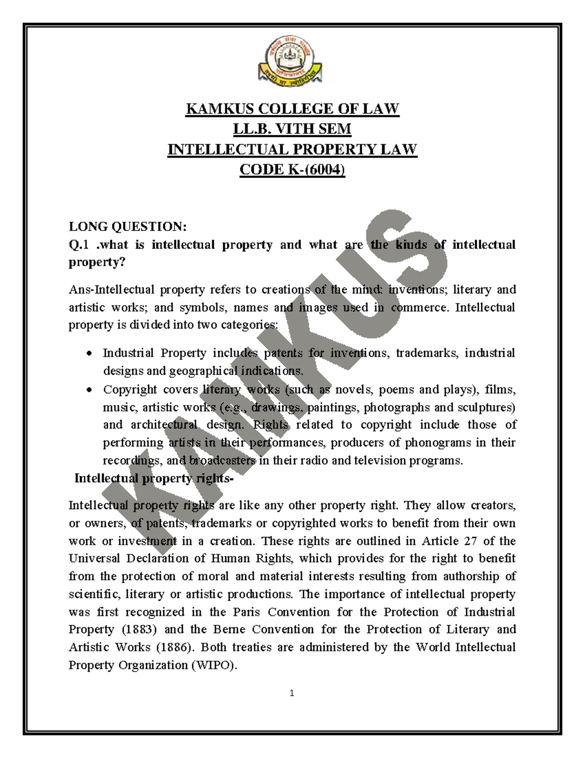 IPR - LL.B. Vith Sem Intellectual Property Law Long Questions & Notes ...