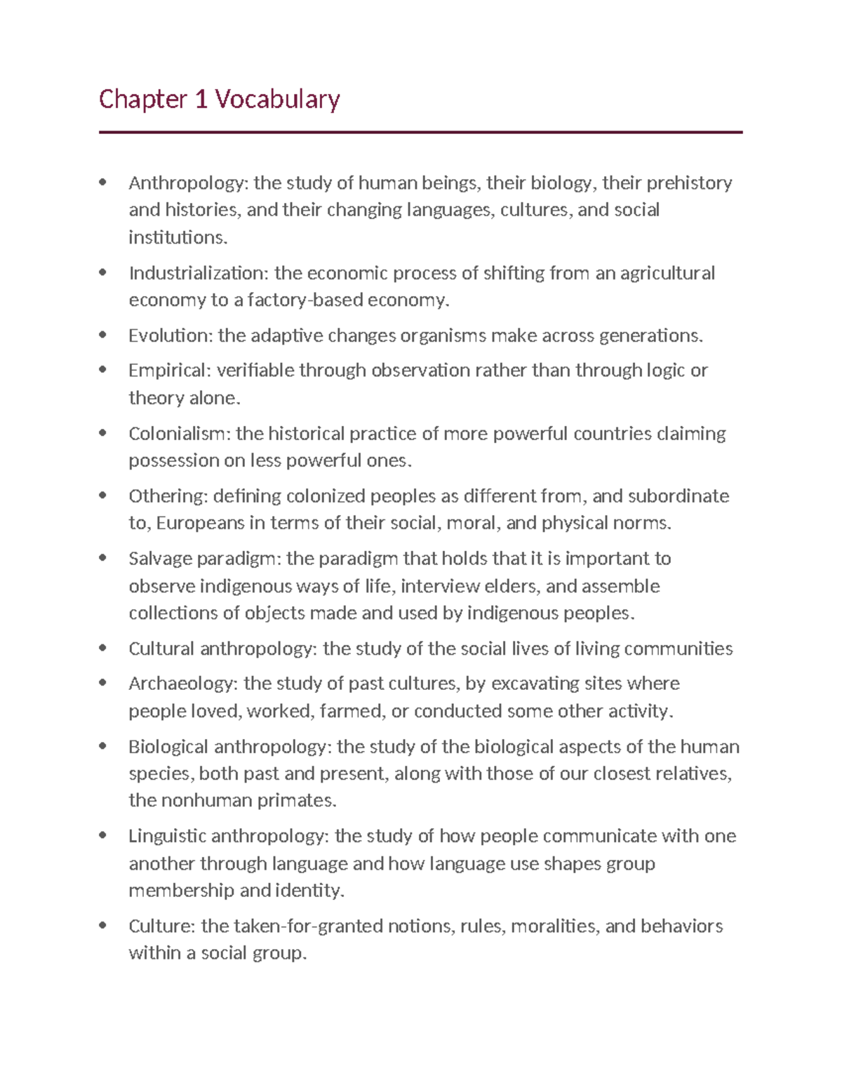 Chapter 1 Vocabulary - Chapter 1 Vocabulary Anthropology: the study of ...