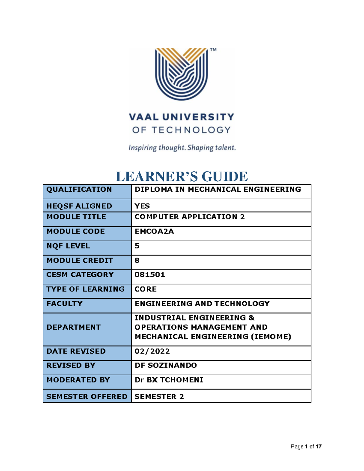 Learner Guide for Computer Application 2 (EMCOA2A) - Mechanical Eng ...