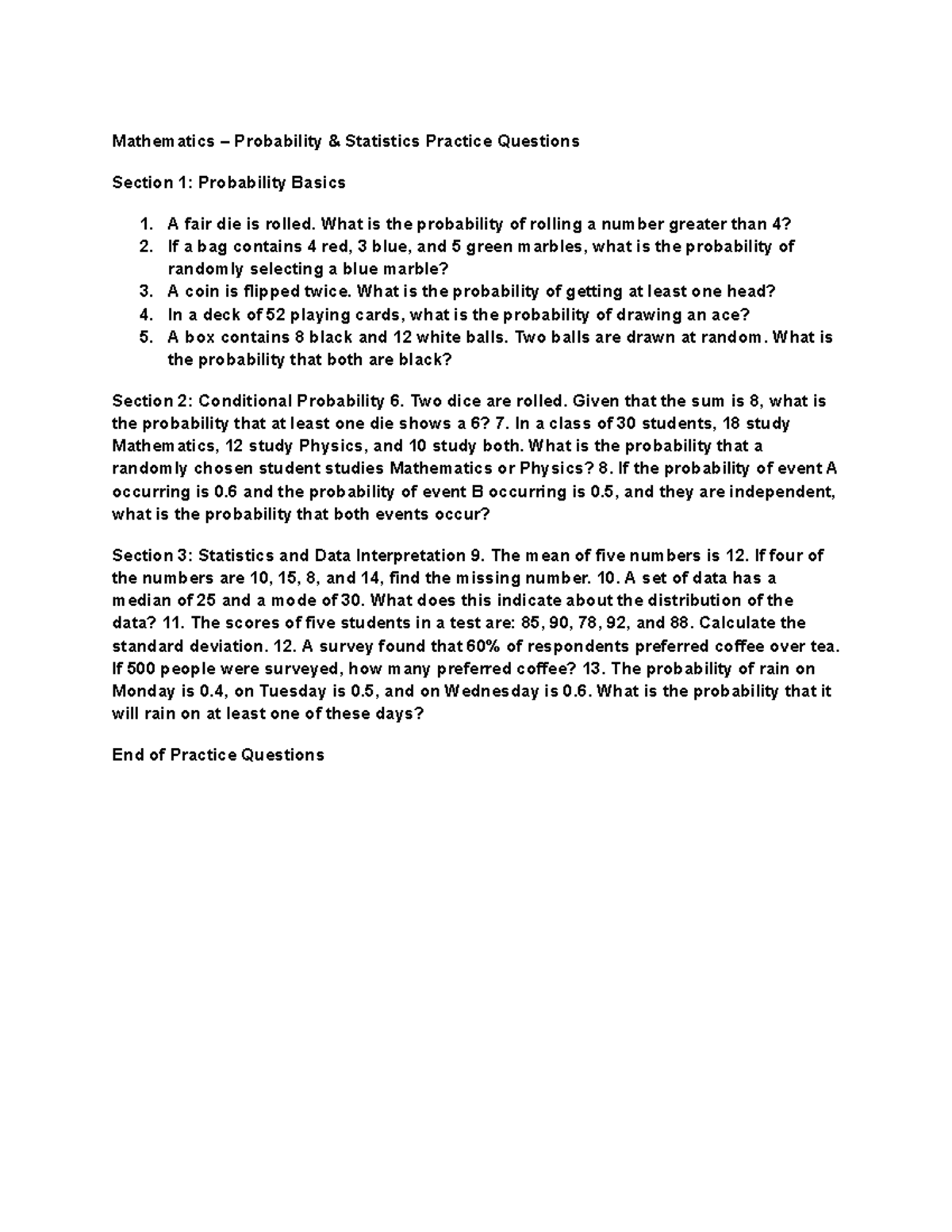 Mathematics – Probability & Statistics Practice Questions - Mathematics ...