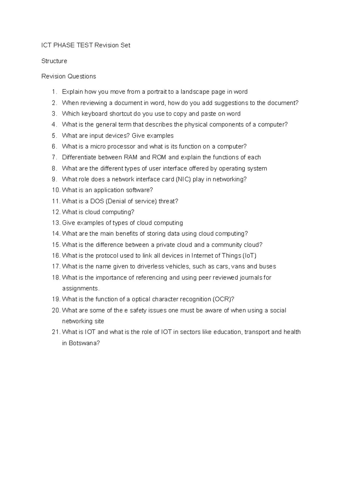 ICT 101 Phase Test Revision: Key Concepts and Questions - Studocu