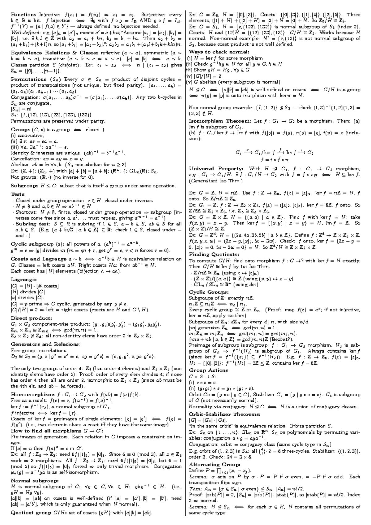 AA - Cheat Sheet on Injective, Surjective, and Normal Subgroups - Studocu