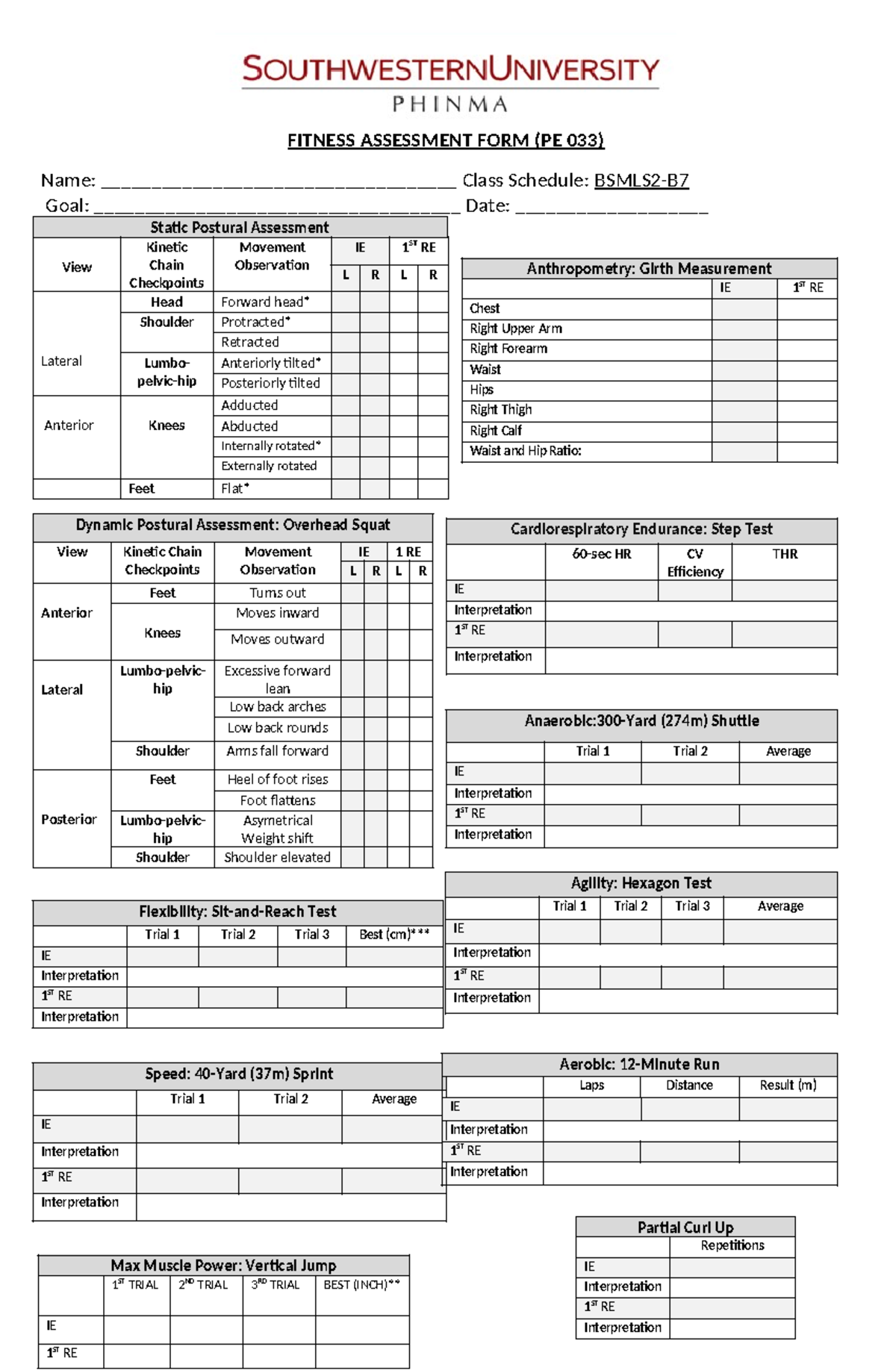 PED 033 Fitness Assessment Form - Comprehensive Format Guide - Studocu