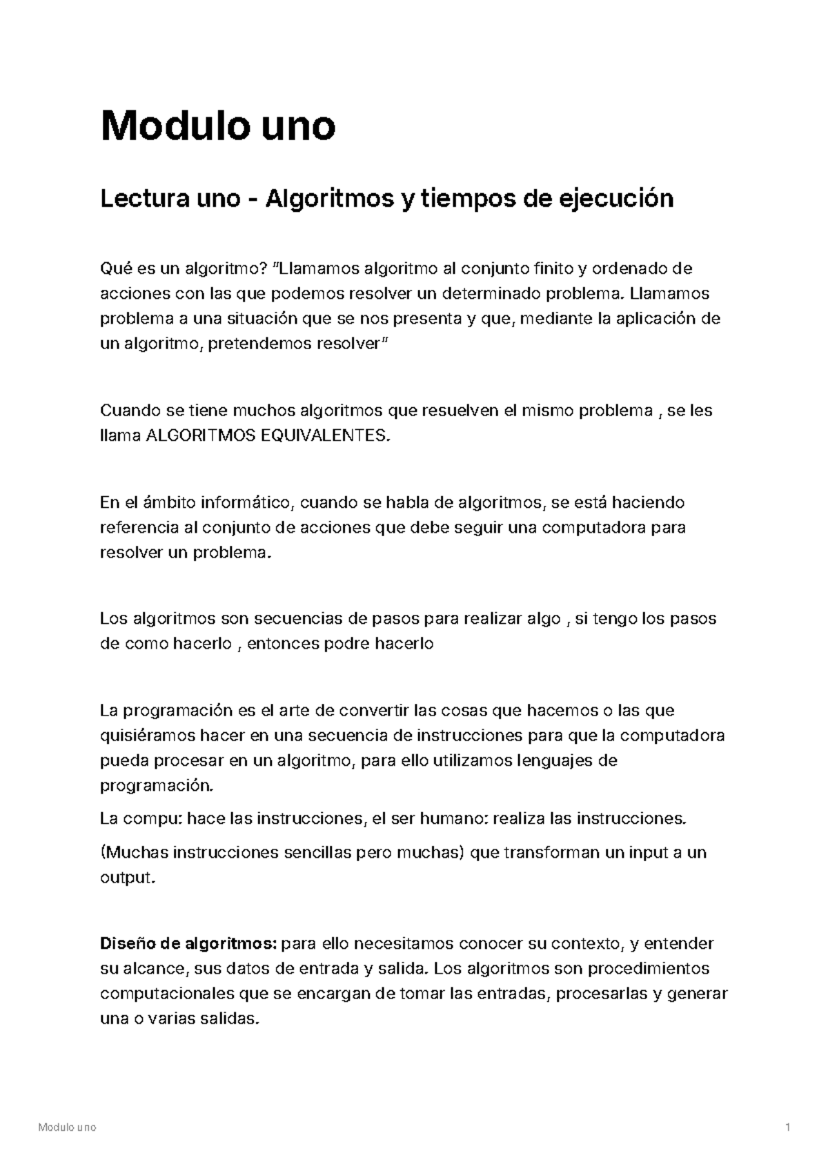 MOD 1 AED - Modulo uno Lectura uno - Algoritmos y tiempos de ejecución ...