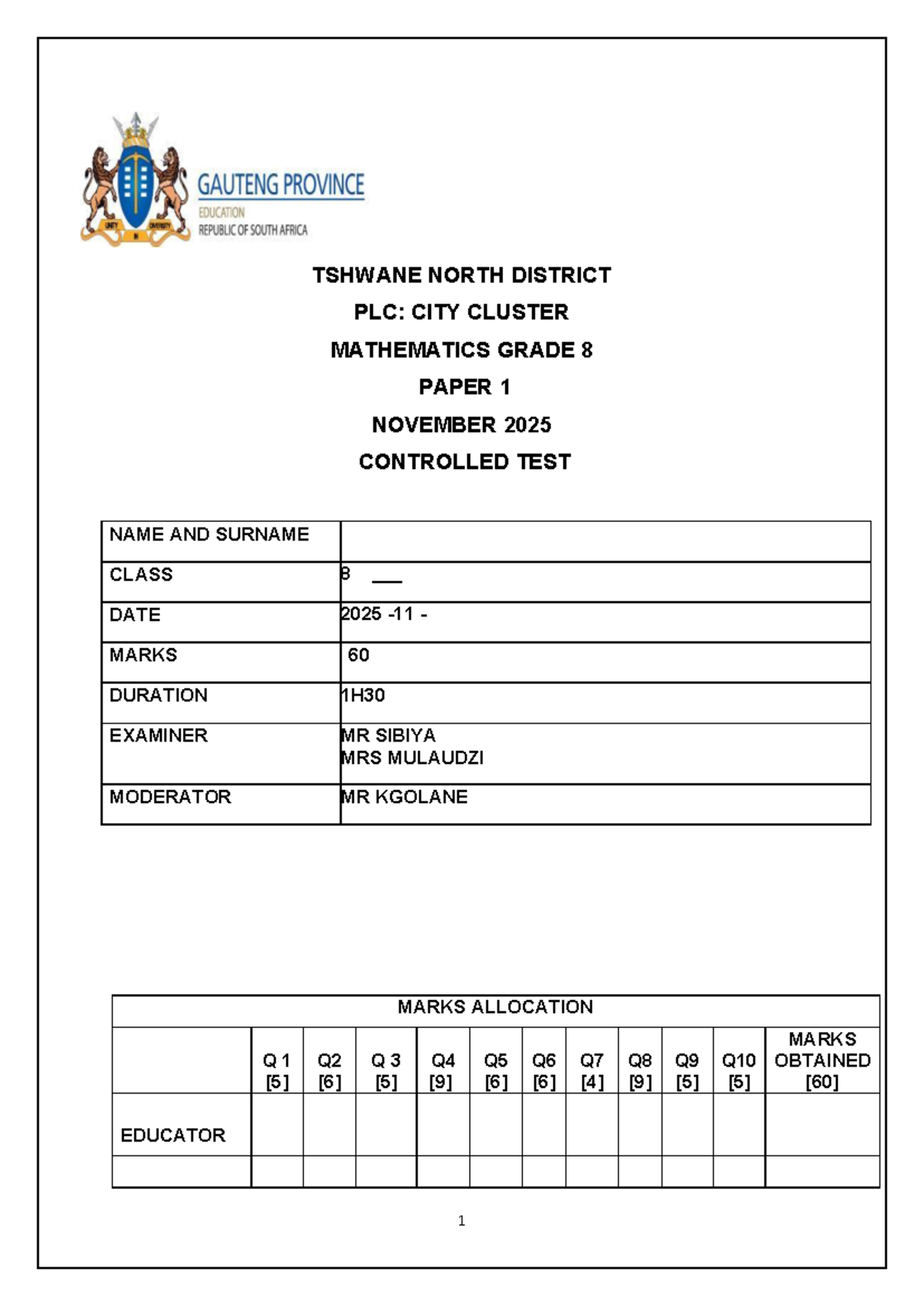 Gr 8 MATH - TSHWANE NORTH DISTRICT PLC Nov 2025 Test Paper 1 - Studocu