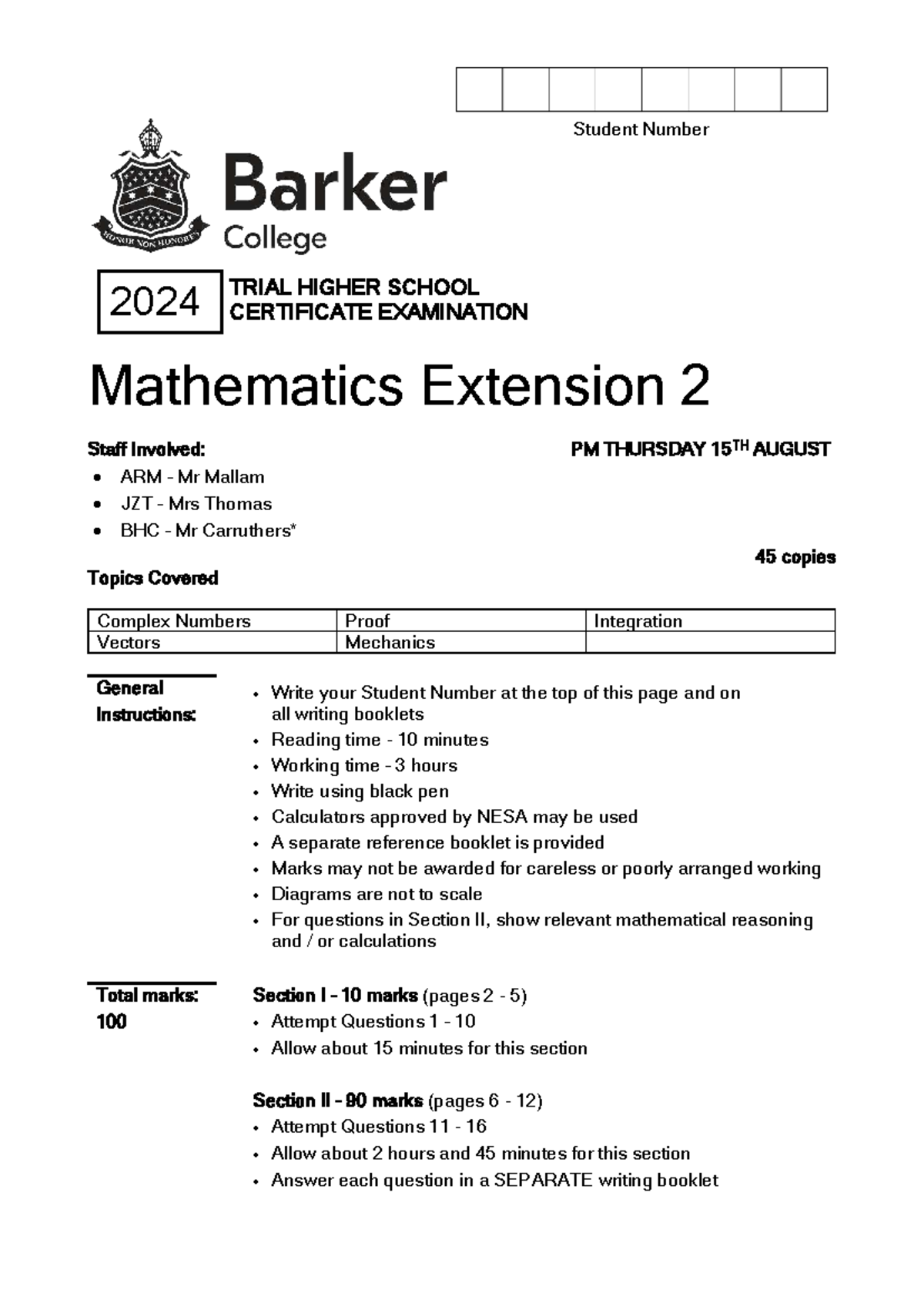 2024 HSC Mathematics Extension 2 Trial Exam Paper & Solutions - Studocu