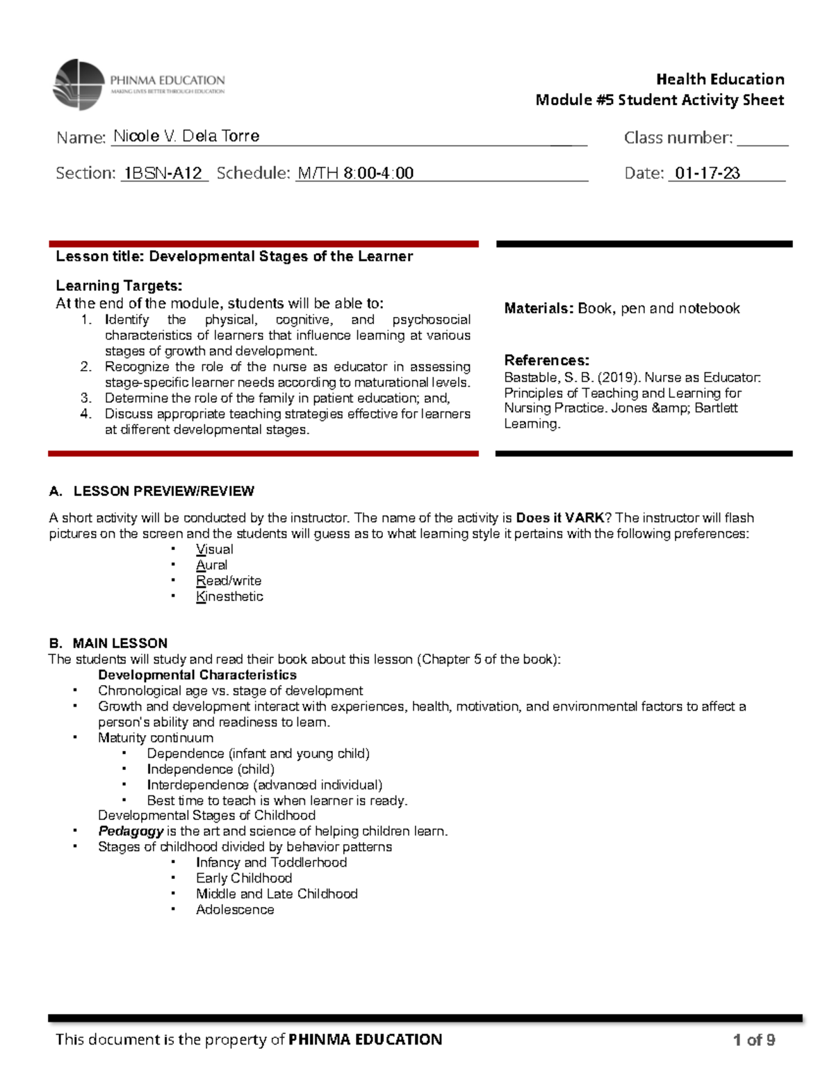 Dela Torre, Nicole HE SAS 5 - Module #5 Student Activity Sheet Name ...