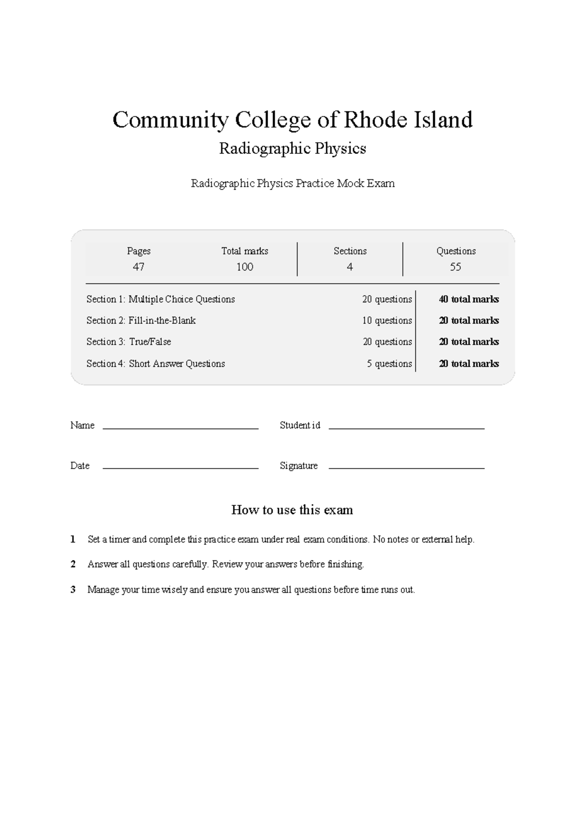 PHYS 1110 Radiographic Physics CCRI Practice Mock Exam 2026 - Studocu