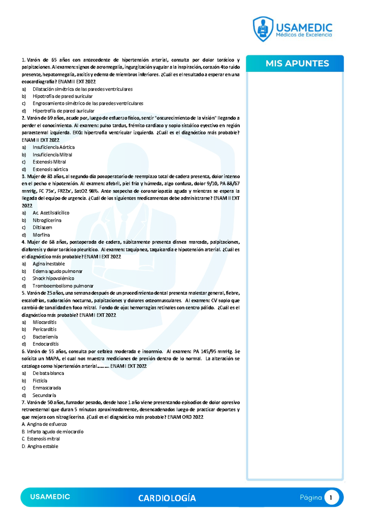 Banqueo DE Cardiologia ENAM- Internado Anual Usamedic 2023 Alumno - Varón de 65 años con ...