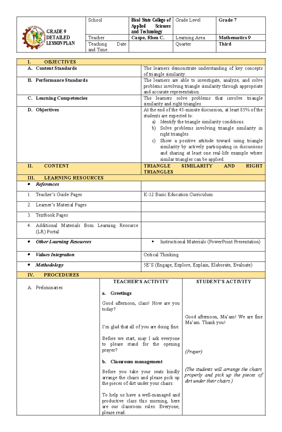G9 Q3 Detailed Lesson Plan: Triangle Similarity & Right Triangles - Studocu