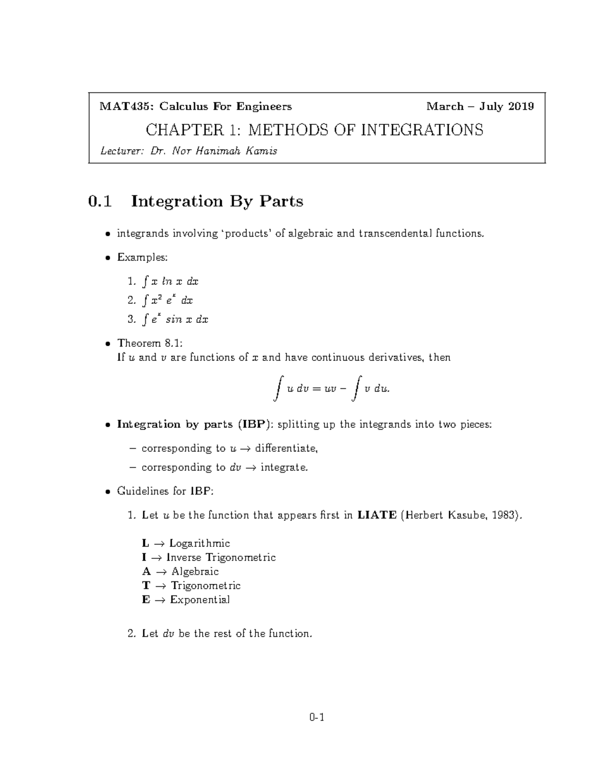 MAT435: Calculus for Engineers - Chapter 1 Integration Methods - Studocu